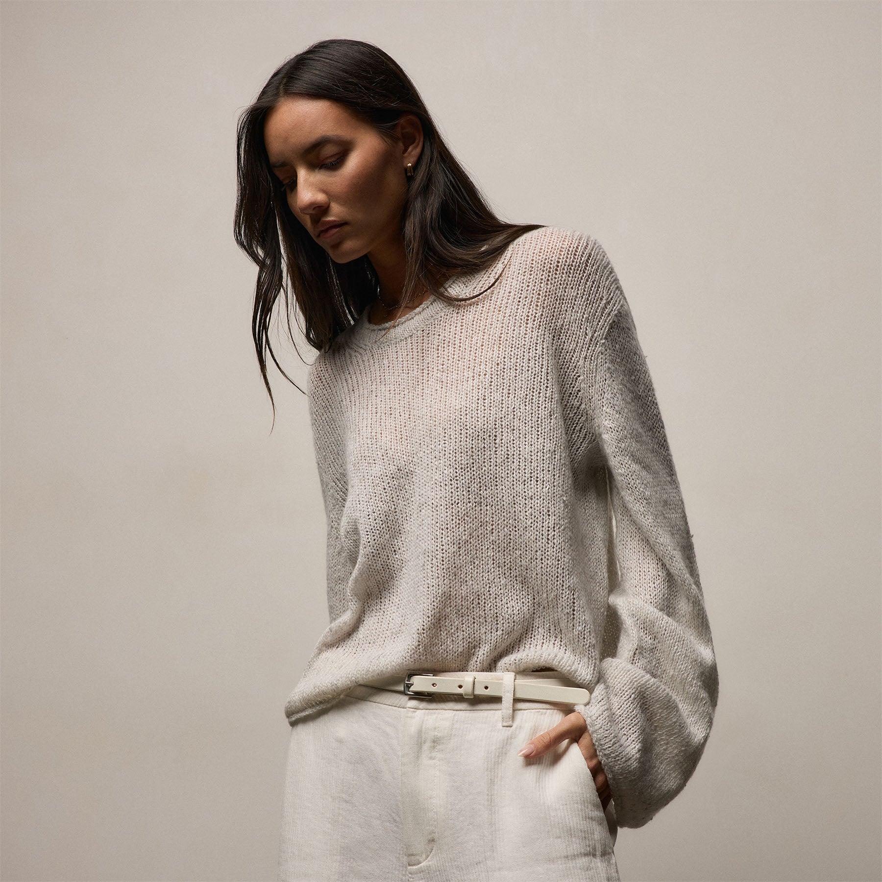 Marled Cashmere Linen Crew - Pearl | James Perse Los Angeles