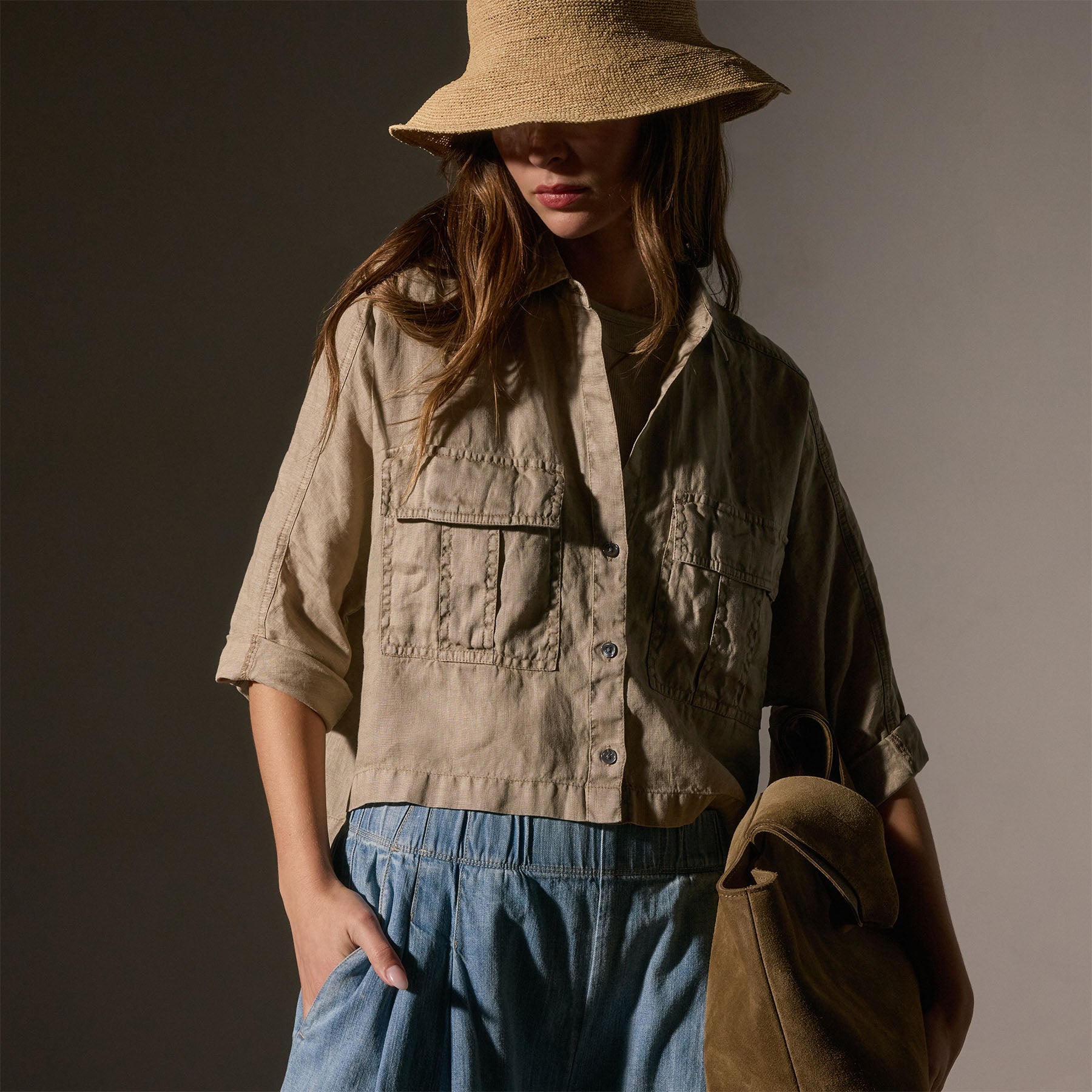 Cargo Pocket Cropped Shirt - Overcast Pigment | James Perse Los Angeles