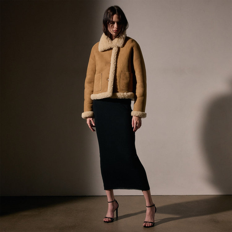 Cropped Shearling Jacket - Caramel | James Perse Los Angeles