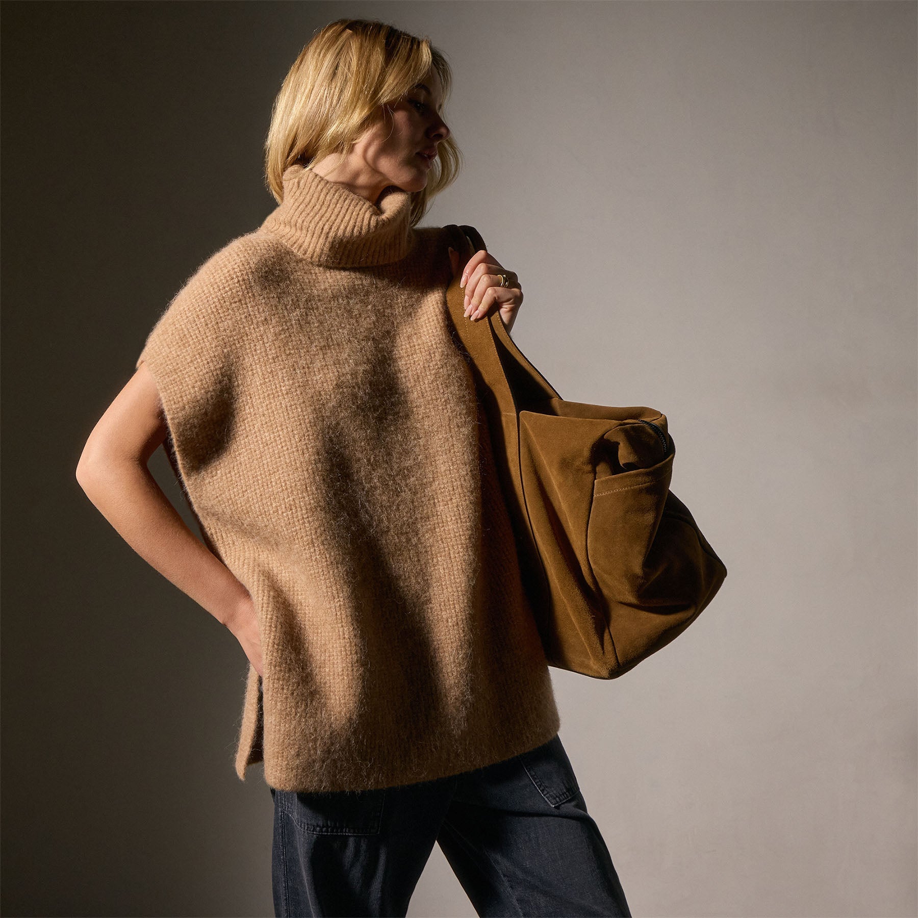 Waffle Knit Funnel Neck Tunic - Camel | James Perse Los Angeles